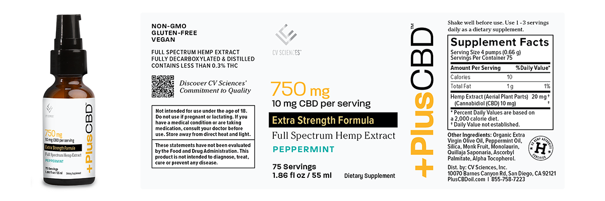 PlusCBD Oil Drops – 2 oz 750mg Peppermint Gold Formula